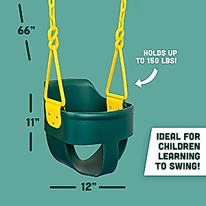 Premium High Back Full Bucket Toddler Swing Seat with Finger Grip, Plastic Coated Chains and Carabiners for Easy Install - Green - Squirrel Products
