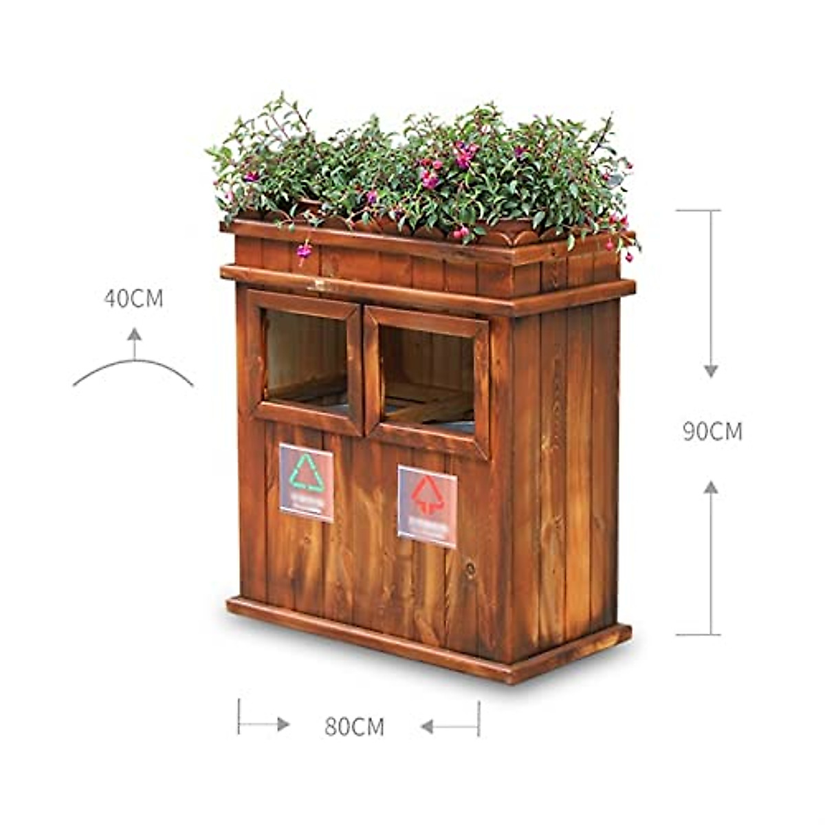 SUNESA Trash Can Anticorrosive Wood Trash Can, Wood Classification Trash Can, Top with Flower Box, Large Capacity Outdoor Commercial Trash Can Outdoor Trash Can