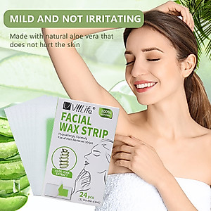 Viilife 48 Pcs Facial Wax Strips 24 Double Sides Mini Wax Strips Hair Removal at Home Waxing Hair Removal for Women's Facial Eyebrows Upper Lip and Chin with 8 Calming Wipes