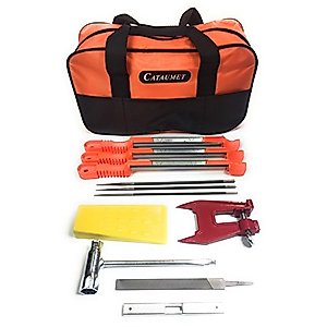 Cataumet Chainsaw Sharpener File Kit Includes 3 Round Files Sizes 5/32" 3/16" 7/32" with 3 Sharpening Guide Handles 1 Stump Vise 1 Felling Wedge 1 Flat File1 Depth Gauge 1 Wrench 1 Large Field Bag
