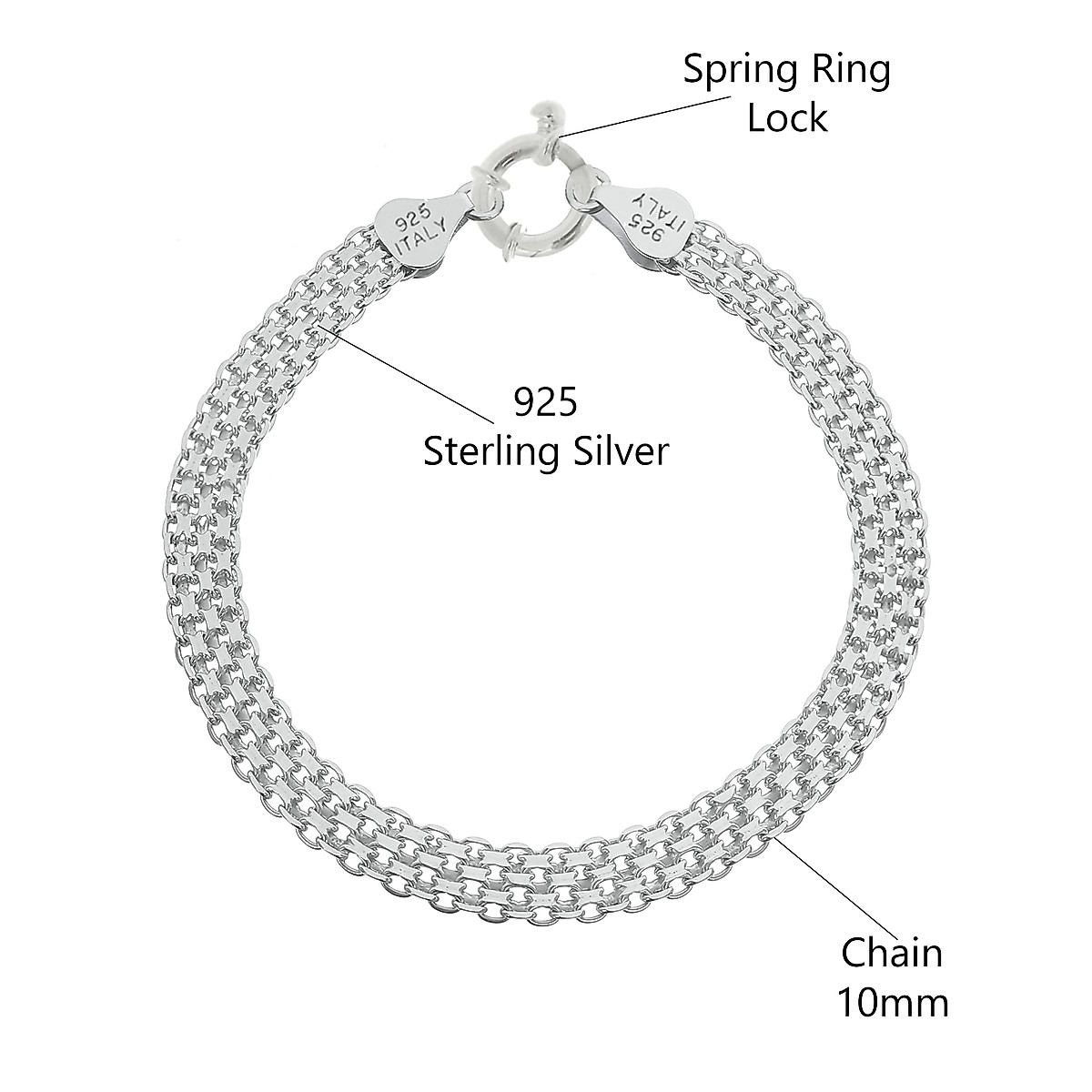 Savlano 925 Sterling Silver Italian 10mm Bismark Diamond Cut Mesh Link Chain Bracelet With Gift Box For Women- Made in Italy (7.5, 10mm)