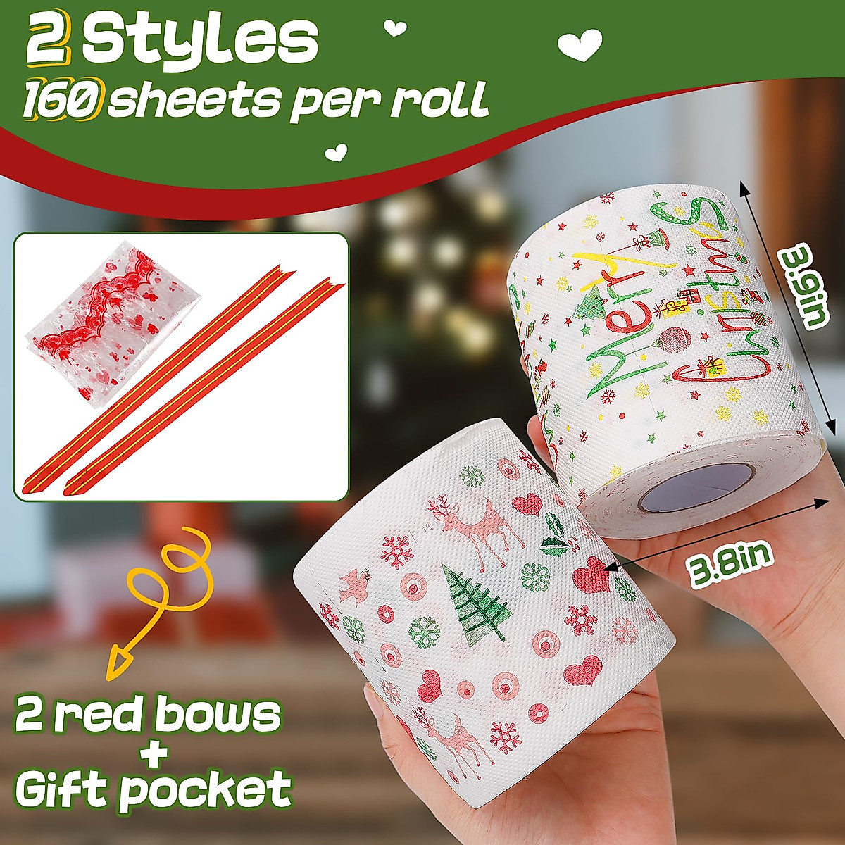 Merry Christmas Toilet Paper- Christmas Toilet Paper Roll for White Elephant Gifts, Tissue Napkin Prank Fun- Christmas Decorations for Xmas Stocking Stuffers Novelty Gift Idea, 2 Roll
