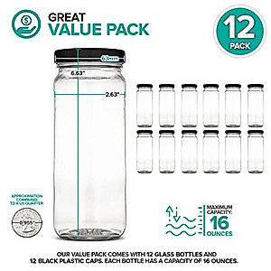 16 oz Glass Jars with Plastic Caps (12 Pack) - Reusable Food Grade Glass Bottles - Dishwasher Safe - Leak-Proof Lids - Travel Bottle for Smoothies & Juicing, Shakes, Milk, Honey - Stock Your Home