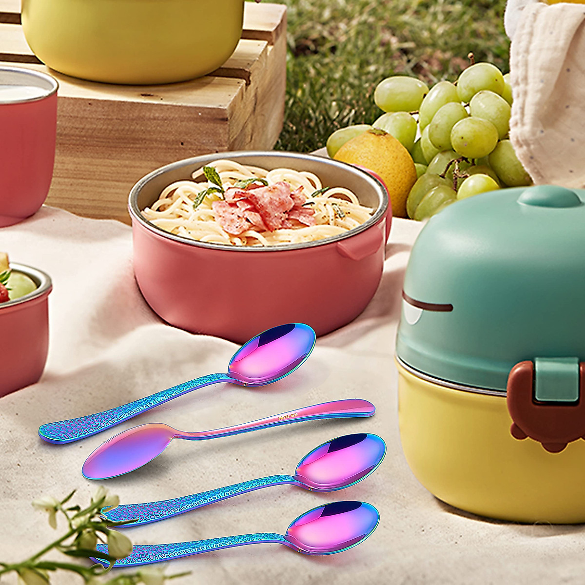 LIANYU 9 Pieces Rainbow Children Stainless Steel Spoon, Cute Kids Toddler Spoons, Children Silverware Flatware Set, Kids Children Cutlery Set, Small Kid Utensil for Self Feeding