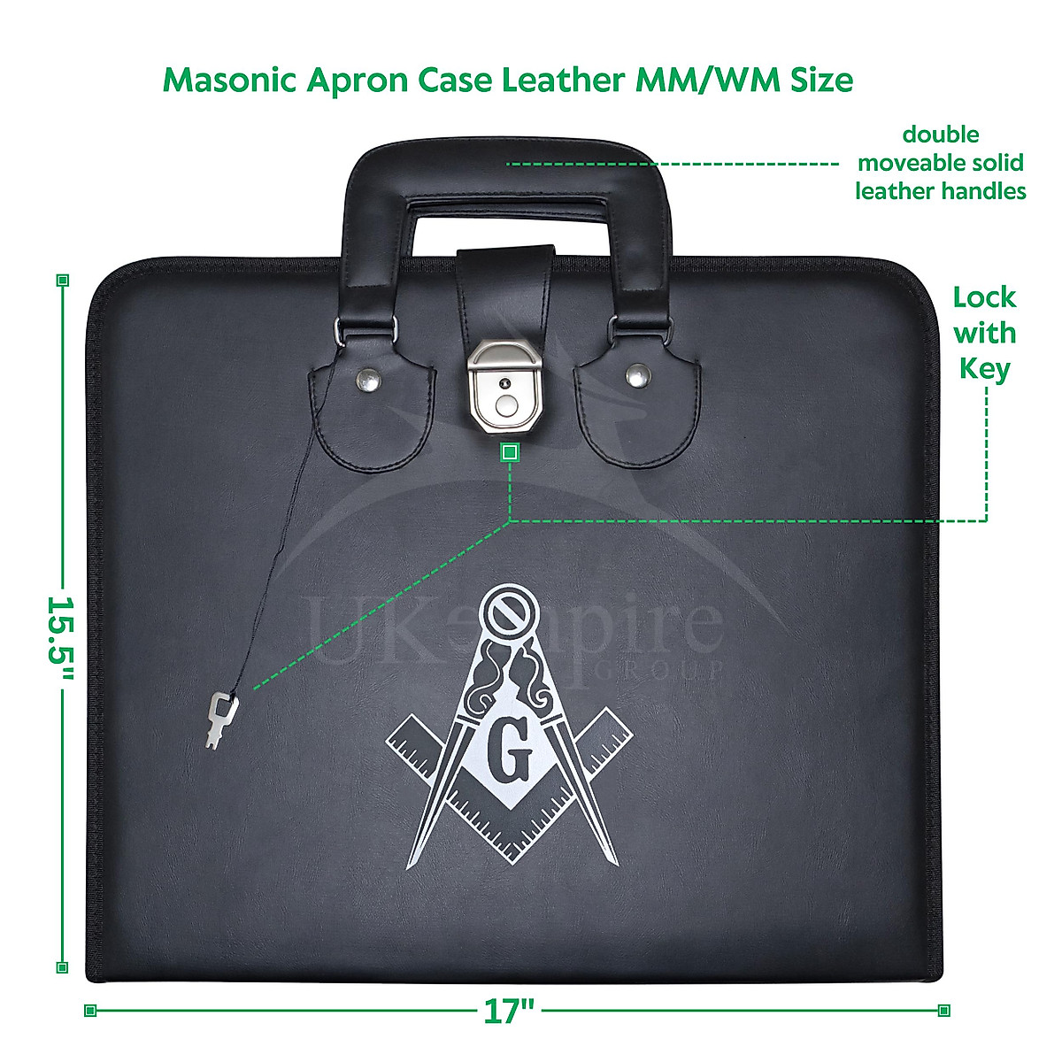 Masonic Master Mason Apron Case – Printed (Black Leather), MM Provincial Size | Freemason Carrying Bags (Silver Emblem)