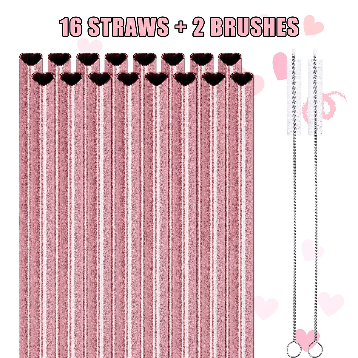 NiHome Reusable Straws 16 Pack, Stainless Steel Drinking Straws, Heart Shaped Metal Straw Bulks with 2 Cleaning Brushes for Smoothies Tumblers Cocktail MilkShake, Pearl Pink