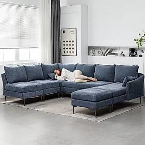 MELLCOM 113" Cloud Couch Sectional 6-Seat U Shaped Modular Sofa w/Chaise & Ottoman, Comfy Memory Foam Modular Couch in Washable Chenille Fabric, Modern Living Room Sectional Sofa, Blue