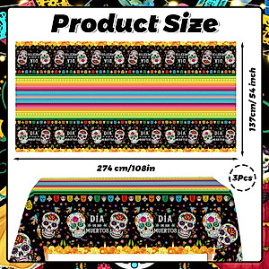 MEHOFOND 3pcs Day of The Dead Tablecloth Dia De Los Muertos Table Cover Sugar Skull Floral Table Cover Mexican Fiesta Plastic Tablecloth for Halloween Mexican Fiesta Party Supplies, 54 x 108 Inch