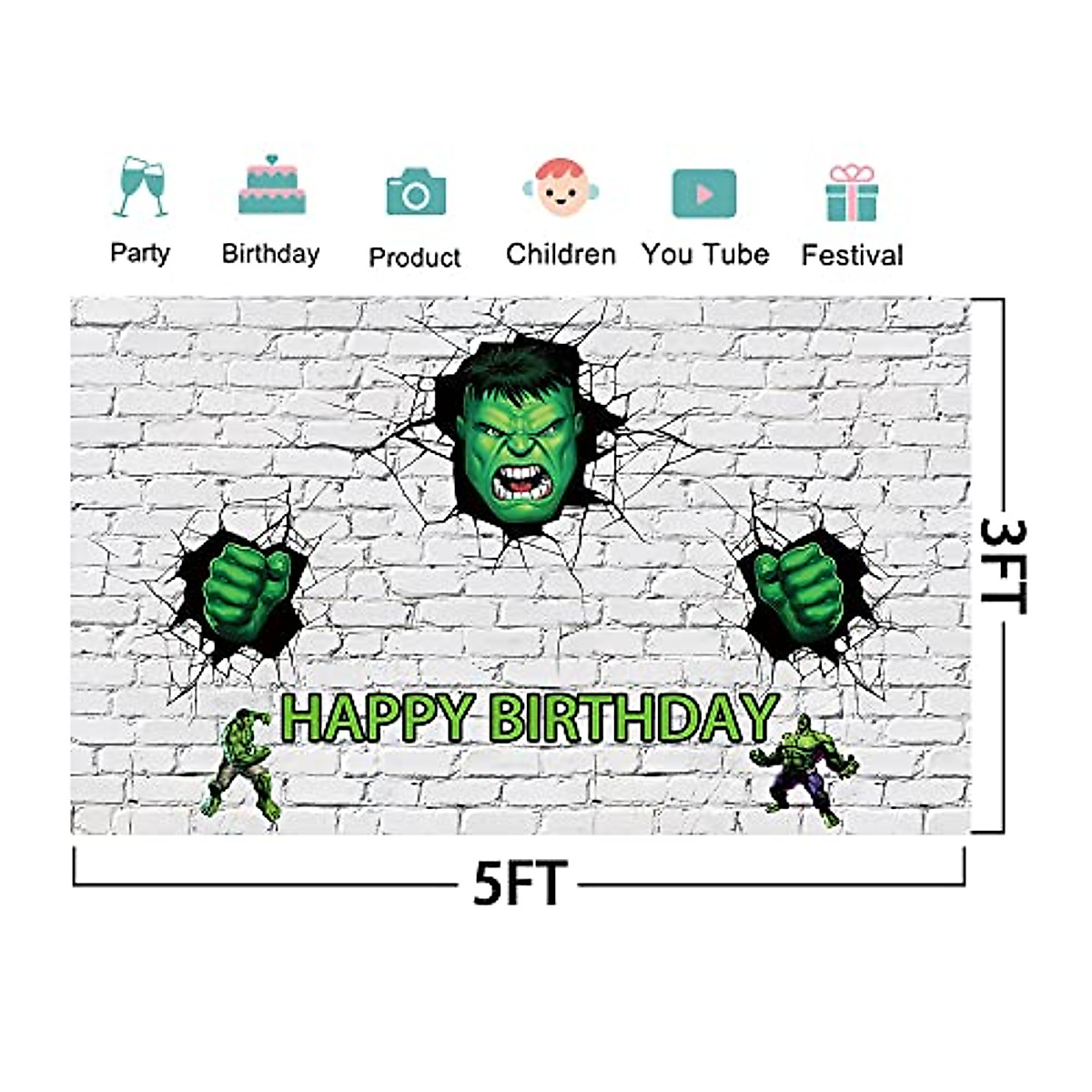 huio White Brick Wall Backdrop for Hulk Theme Birthday Party Supplies 5x3ft Hulk Superhero Theme Baby Shower Banner for Birthday One Size