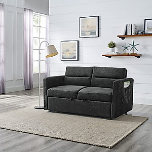 LIADTOP 54.5'' Modern Convertible Sleeper Two Side Pockets, Grey Fabric w/Pull-Out Bed Loveseat Sofa Couch and Adjsutable Back for Living Room,Black
