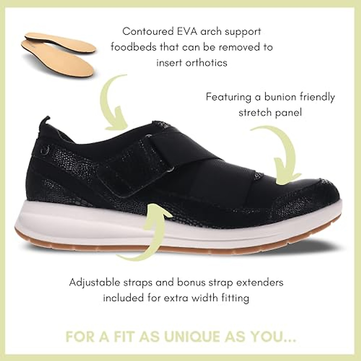 Revere Shoes Virginia Adjustable Sneaker - Women's Comfort Walking Shoes - Orthotic Arch Support - Adjustable Hook-and-Loop Strap - Black Lizard 10 Wide