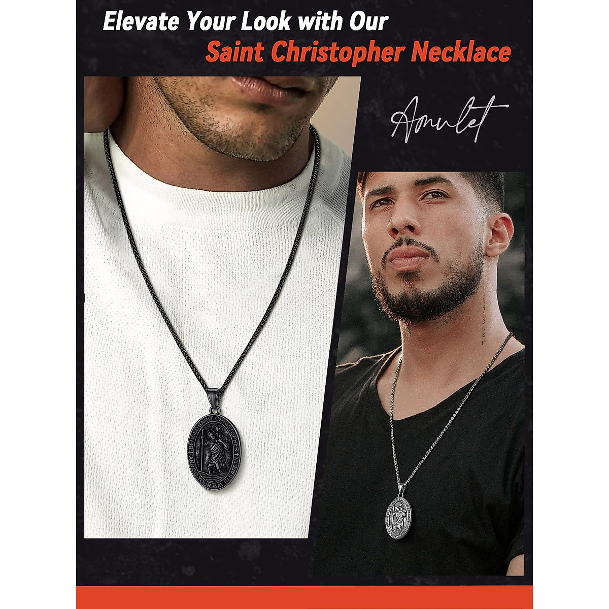 FaithHeart Black St. Christopher Necklace for Men Christian Amulet Jewelry with Stainless Steel Wheat Chain Oval Medal Pendant for Prayer