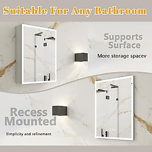 Elephmirr Vanity Mirror Bathroom Storage Medicine Cabinet with Lights Anti Fog,20x26 Inch,Recessed Smart led Small Mirrors Wall Metal Magnifier﹐with Left Doors Eectrical Outlet USB,Surface Mount