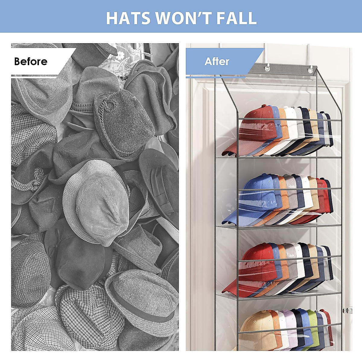 Fixwal Clear Over The Door Hat Racks Hanging Storage with 5 Large Pockets Holds up to 50 Caps Hat Storage Organizer for Closet Wall, Deep Pockets Hanging Hat Holder with 3 Hooks, Grey