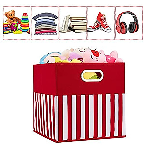 i BKGOO Folable Fabric storage Bins.Set of 3 Cubby Cubes with Handles Red-White Vertical lines 13x13x13 inch