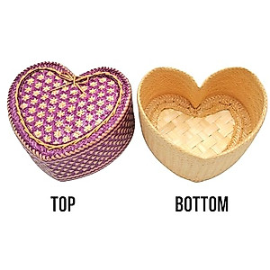 Bamboo Sticky Rice Serving Basket 6 x 5.2 Inch, Kratip, Intricately Woven Container, Heart-Shaped, Pikul Flower Weave Pattern, Thailand Handmade (Purple)