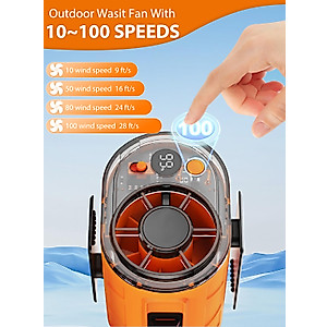 2024 Upgraded Portable Waist Fan 100 Speed 12000rpm Top-Notch Wind 20h Working Time, Personal Belt Fan Clip On Waist Cooling For Shirt,Battery Powered For Outdoor, Working, Camping, Hiking(Orange)