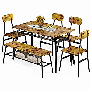 Gizoon Dining Table Set for 6, 6-Piece Kitchen Table and Chairs, Dining Room Table Set with Bench, Storage Rack for Small Space, Home, Apartment, Retro