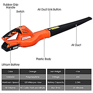 Goplus Cordless Leaf Blower, Rechargeable Leaf Sweeper w/Lithium Battery and Charger, Handheld 130MPH Output (Orange)