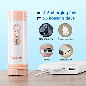Water Flosser, Binicare Water Flosser for Teeth, IPX7 Waterproof 200 ml 6 Jet Tips &Travel Case, DIY Portable Dental Oral Irrigator Rechargeable Suitable for Travel Office and Home(Pink)