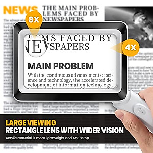 ANBULL 4X 8X Rechargeable Magnifying Glass with Light, 20 Anti-Glare Dimmable LEDs, Handheld 4.5''*2.7'' Rectangular Page Lighted Magnifying Glass for Close Work, Seniors Reading, Low Vision