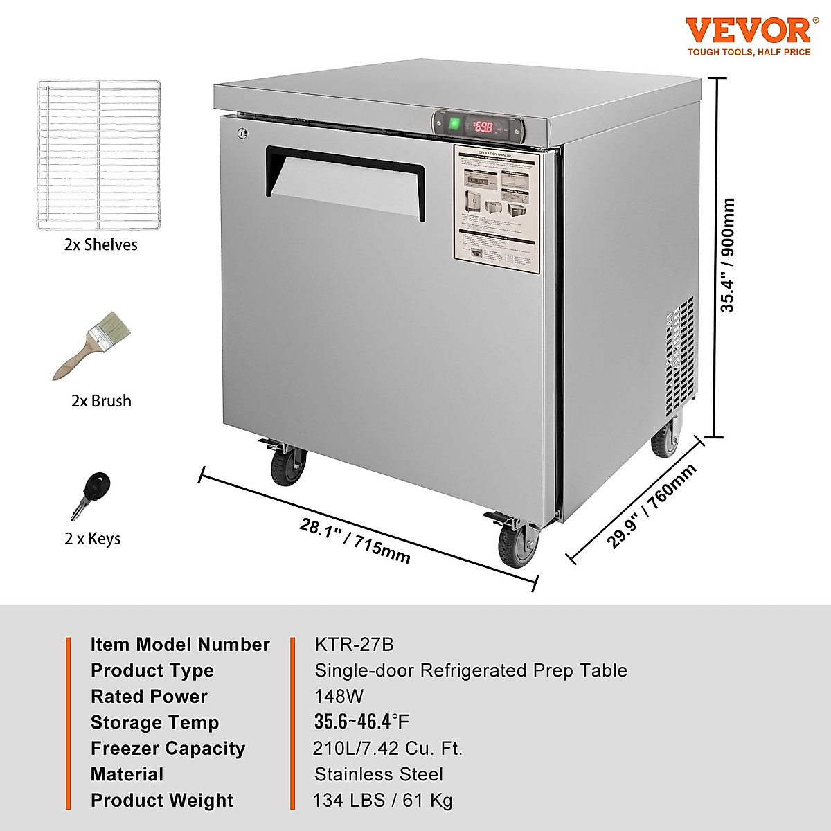 VEVOR Commercial Refrigerator, 28" Undercounter Worktop Refrigerator, 7.4 Cu. Ft Thick Stainless Steel Refrigerated Food Prep Station Fan Cooling Single Door Worktop Fridge with lock for Bar