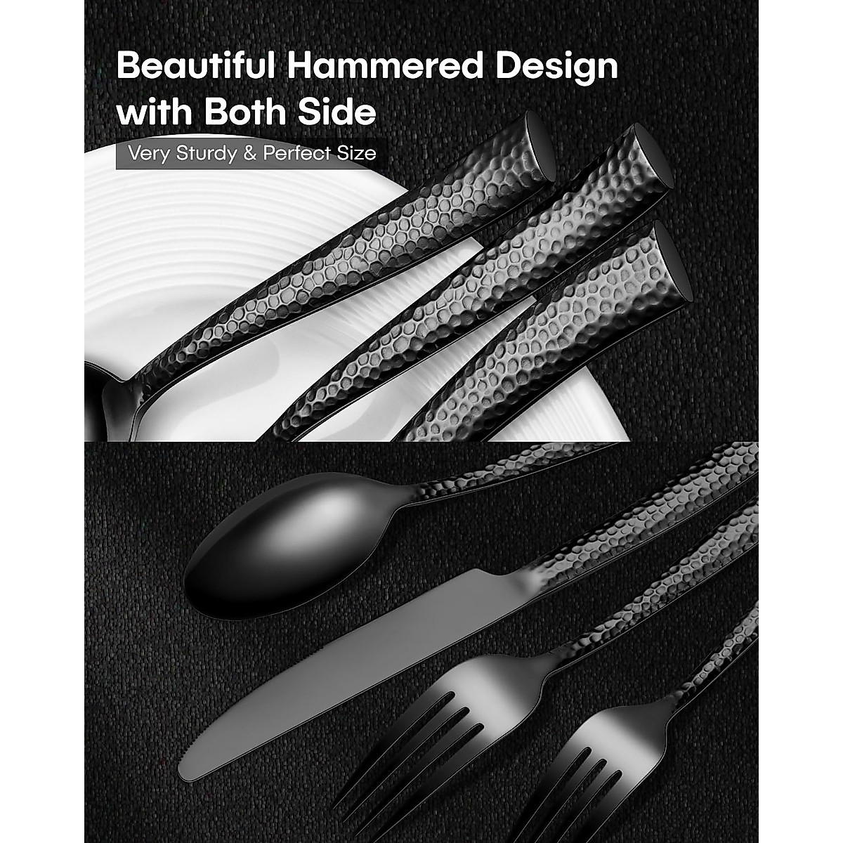 EUIRIO 48-Piece Black Hammered Silverware Set for 8, Stainless Steel Flatware Set with Steak Knives, Mirror Polished Tableware Cutlery Set, Include Forks Spoons and Knives Set, Dishwasher Safe