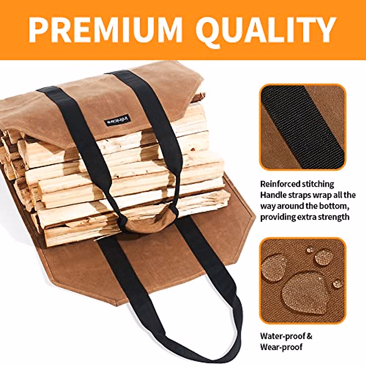Infinicare Firewood Carriers with Handles - Heavy Duty Canvas Firewood Bag with Handles - Durable Wood Carrier for Firewood, Suitable for Indoor Fireplace and Outdoor Camping - Brown