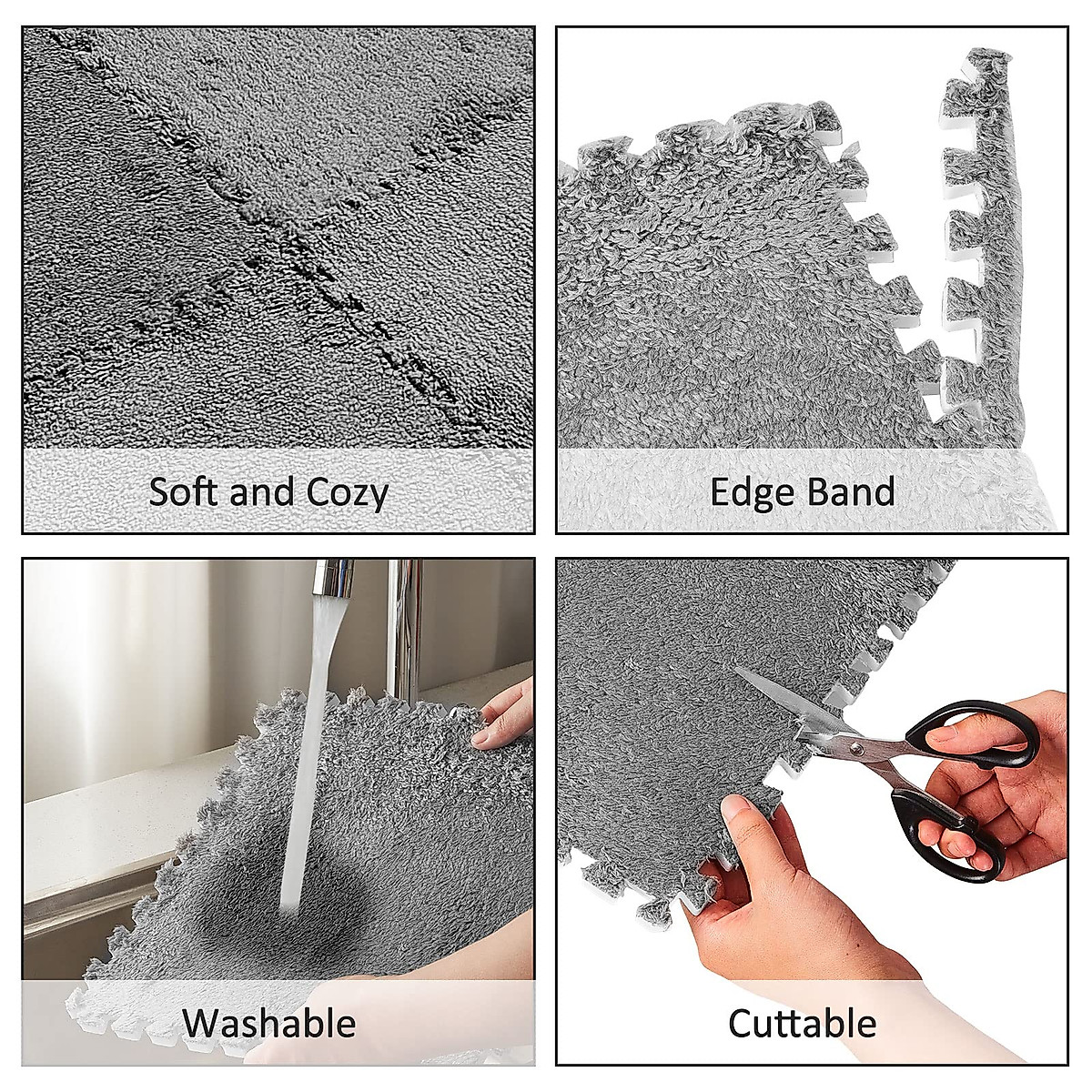 Nuanchu 50 Pcs Plush Foam Interlocking Floor Mat Climbing Area Rugs 11.81 x 11.81 Inch Square Soft Fluffy Tiles with Border Play Mat Flooring Tiles for Home Playroom Decoration (Gray)