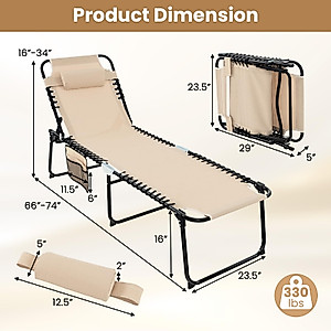 GYMAX Lounge Chairs for Outside, Extra High Folding Beach Tanning Lounger with Adjustable Backrest, Footrest & Removable Pillow, Sunbathing Lounge for Patio, Poolside (1, Sand with Pocket)