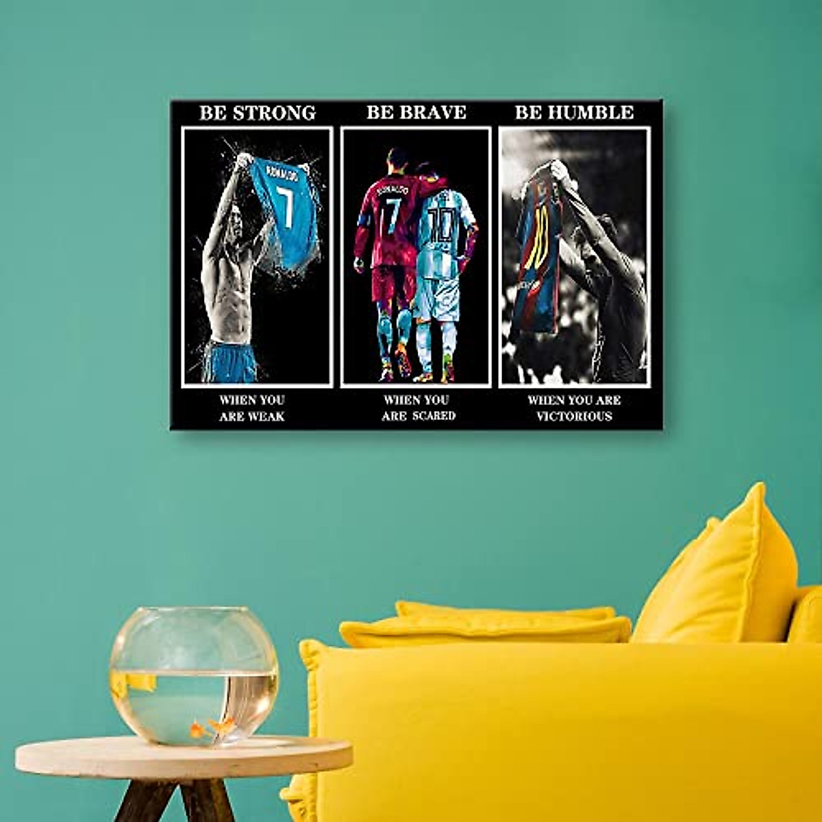 Yasswete Soccer Superstar Lionel Messi Poster Be Strong Be Brave Be Humble Poster Legendary Motivational Wall Art Posters for Livingroom Gym Football Fans Gift 12X18inch Unframed
