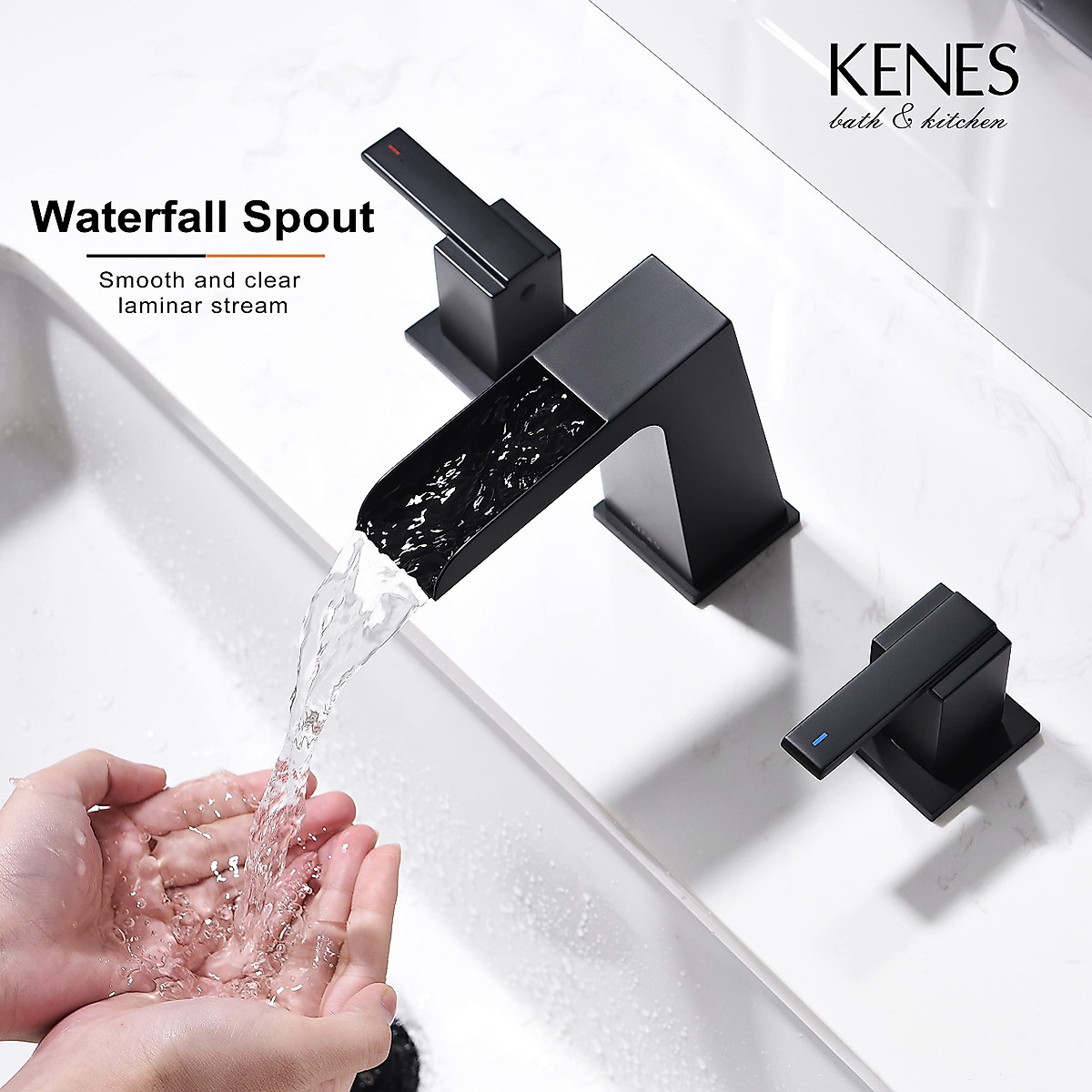 KENES Matte Black 8 Inch Waterfall Widespread Bathroom Faucet 3 Hole, Two-Handle Waterfall Bathroom Sink Faucet, Modern Bathroom Faucets with Supply Lines, KE-9052-2