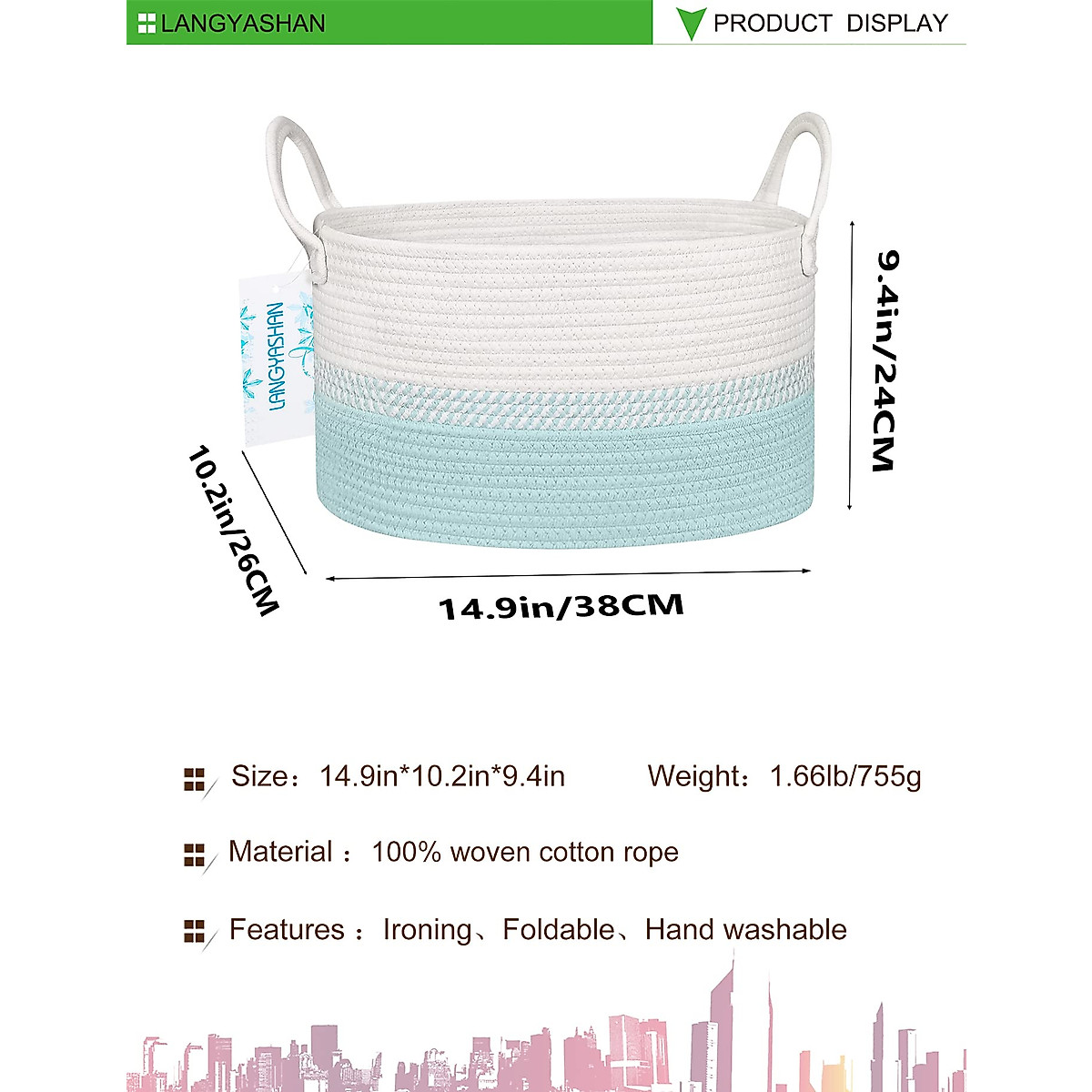 LANGYASHAN Rectangular Woven Rope Basket Decorative Blanket Basket for Living Room Storage or Nursery Laundry Hamper Basket with Handles Laundry Basket(Blue)