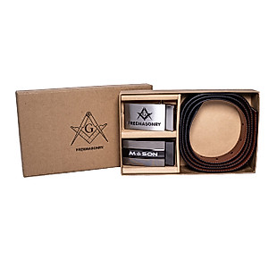 Masonic Men’s Belt - Leather Reversible Belt with Black & Tan Color Options - 2 Buckles for Every Occasion (Freemasonry Symbol & Mason Lettering) - Waist Size 42” & Under - Casual/Formal Men’s Belt