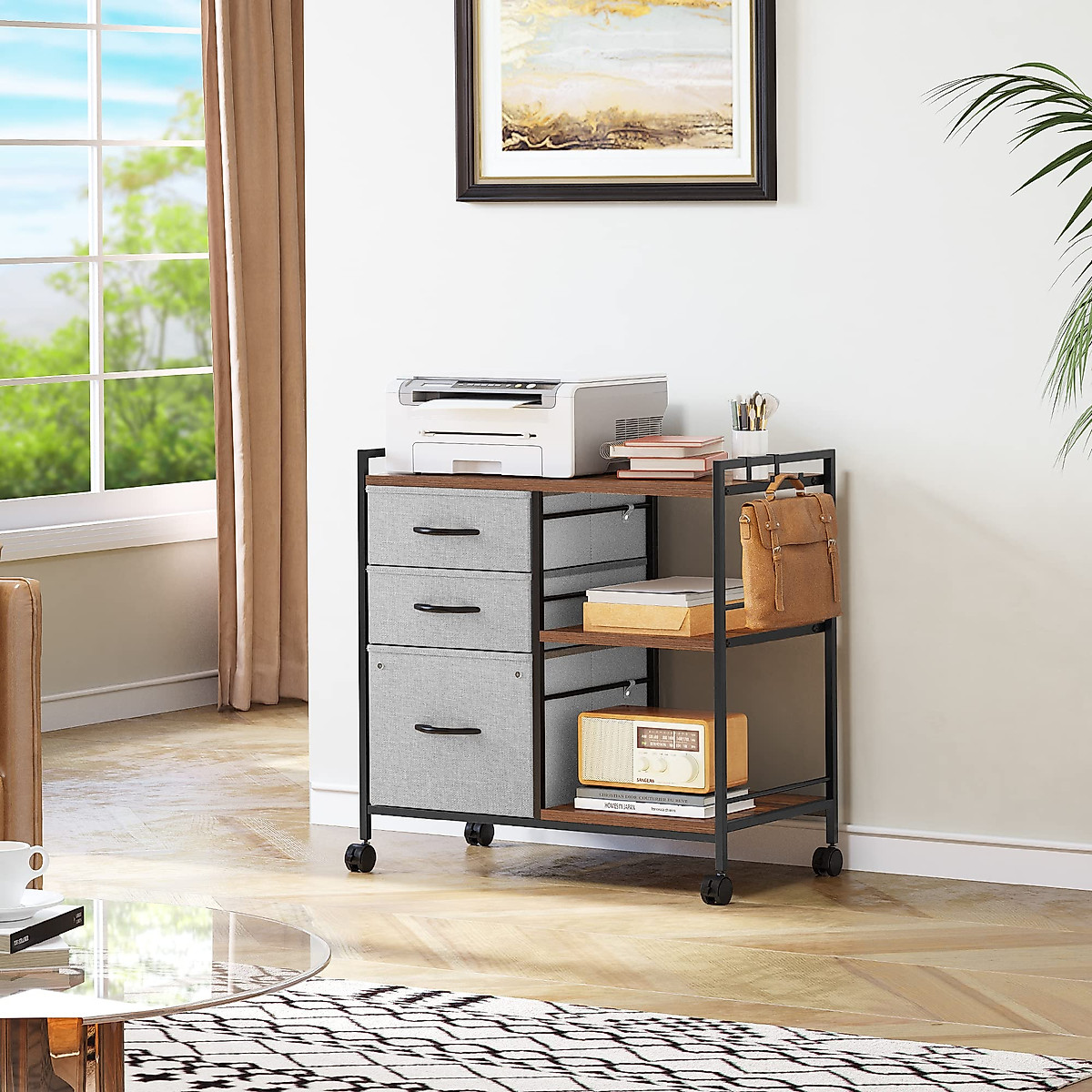 YITAHOME 3 Drawer Lateral File Cabinet, Mobile Printer Stand with Open Storage Shelf and Hook, Rolling Fabric Filing Cabinet for Home Office, Fits A4/Letter Size, Light Grey