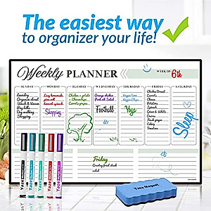 Magnetic Dry Erase Weekly Calendar for Refrigerator - 17X12” - 5 Fine Tip Markers and Large Eraser with Magnets - Stain Resistant Surface - Whiteboard Organizer Planner. Perfect Fridge White Board