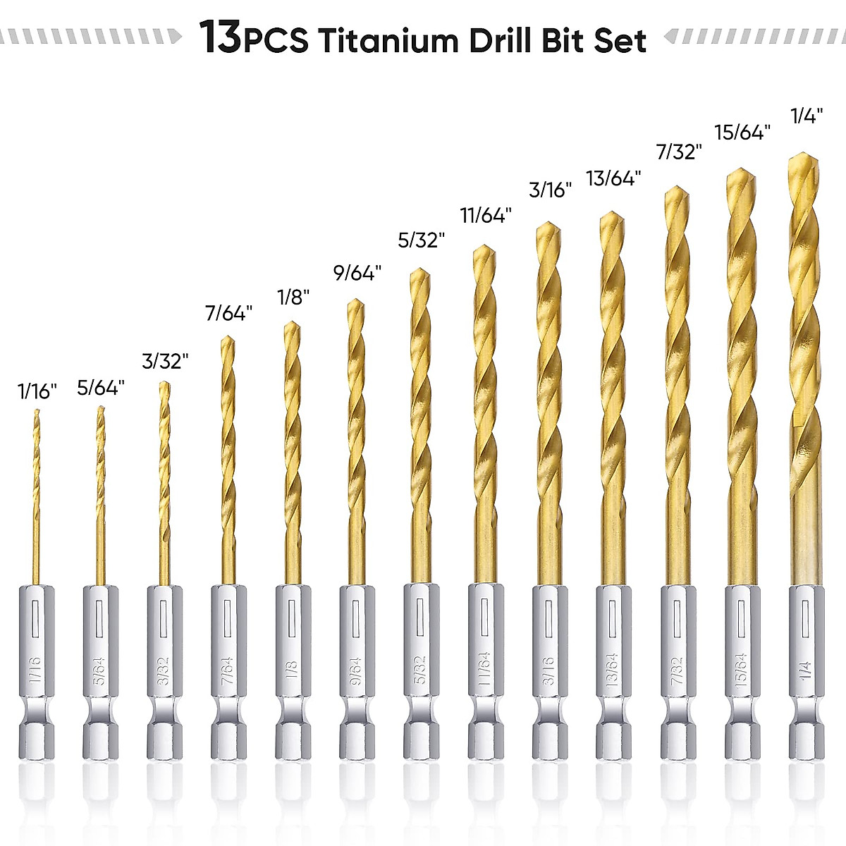 TICONN 13 PCS Titanium Coated Drill Bit Set with Hex Shank, 135 Degree Tip High Speed Steel Drill Bits Kit for Steel, Aluminum, Copper, Soft Alloy Steel Size from 1/16" to 1/4"