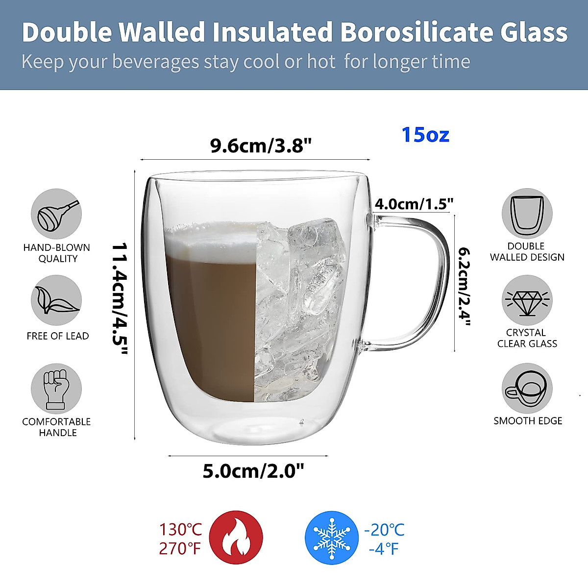 HORLIMER 15 oz Double Walled Glass Coffee Mugs Set of 2, Clear Insulated Coffee Cup with Handle for Espresso Cappuccino Latte Tea Milk Juice