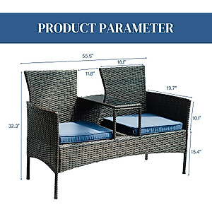 TINKLE WELL Wicker Outdoor Loveseat Modern Rattan 2-Seat Patio Conversation Set with Cushions & Built-in Coffee Table Porch Furniture for Garden Lawn Backyard, Brown