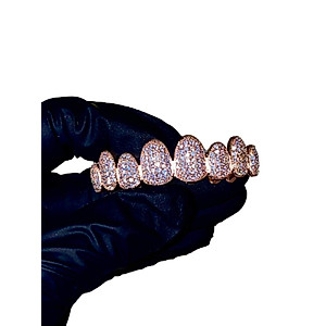 14k Rose Gold Joker Pink Grillz for Mouth Top Bottom Hip Hop Teeth Grills for Teeth Mouth Grillz for Mouth Top Bottom Hip Hop 8 Teeth Prong Set Cz Diamonds Grills for Tooth (Top Only)
