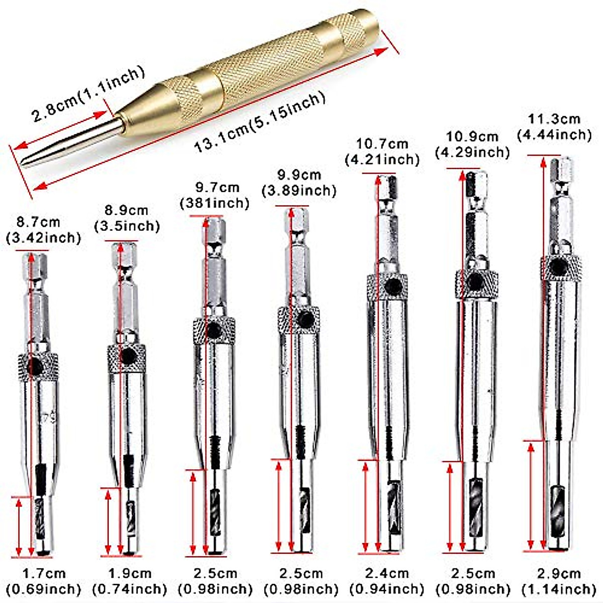 HIFROM Door Drill Bit Set with Automatic Center Punch,Doors Self Centering Hinge Tapper Core Drill Bit Set,Hole Puncher Woodworking Tools 5/64" 7/64" 9/64" 11/64" 13/64" 5mm 1/4"
