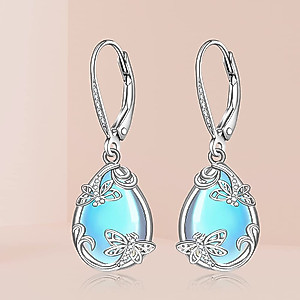 Dragonfly Moonstone Earrings for Women Filigree Earrings Teardrop Lever Back S925 Sterling Silver Moonstone Jewelry