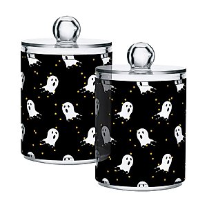 YETTASBIN Halloween Ghost Clear Plastic Apothecary Jars 2 Pack, 14 oz Qtip Holder Dispenser with Lid, Clear Bathroom Storage Canister for Cotton Ball, Cotton Swab