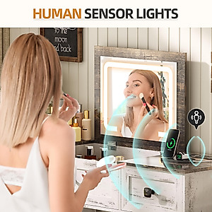 Gurexl 3-in-1 Vanity Desk with 3-Color Lights and Mirror,47.2" W Makeup Vanity Set with Charging Station,LED Compact Dresser-Vanity with 3 Drawers,2 Cabinets,Chair,Dressing Table for Bedroom