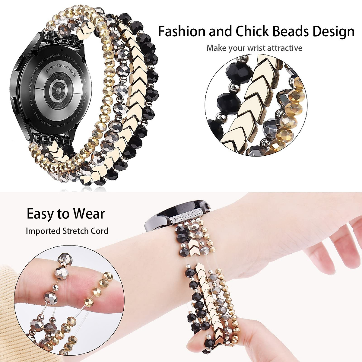 MOFREE Compatible for Samsung Galaxy Watch 4 40mm 44mm/Watch 4 Classic 42mm 46mm Bands, 20mm Handmade Fashion Elastic Beaded Bracelet Replacement for Galaxy Watch 3 41mm/Active/Active 2 Women, Black