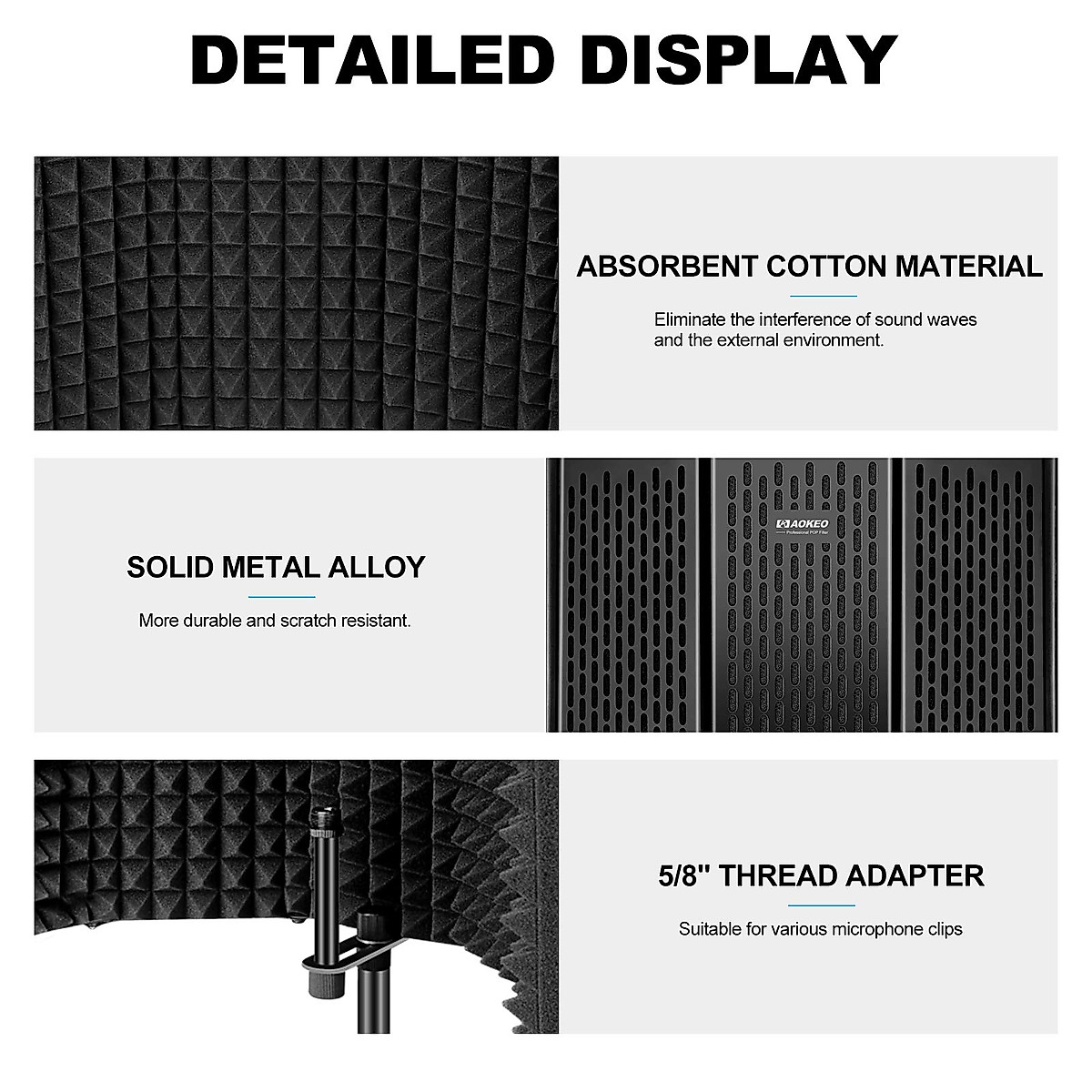 Aokeo Microphone Isolation Shield, Foldable Mic Shield with Triple Sound Insulation, Reflection Filter with 3/8" and 5/8" Mic Threaded Mount for Recording Studio, Podcasts, Singing, and Broadcasting