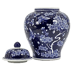 Galt International Dark Blue Floral Chinoiserie Jar 12" w/Lid - Ginger Jar, Tea Storage, Decorative, Home Decor Jar