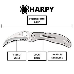Spyderco Harpy Folding Utility Knife with 2.75" Hawkbill VG-10 Steel Blade and Durable Stainless Steel Handle - SpyderEdge - C08S