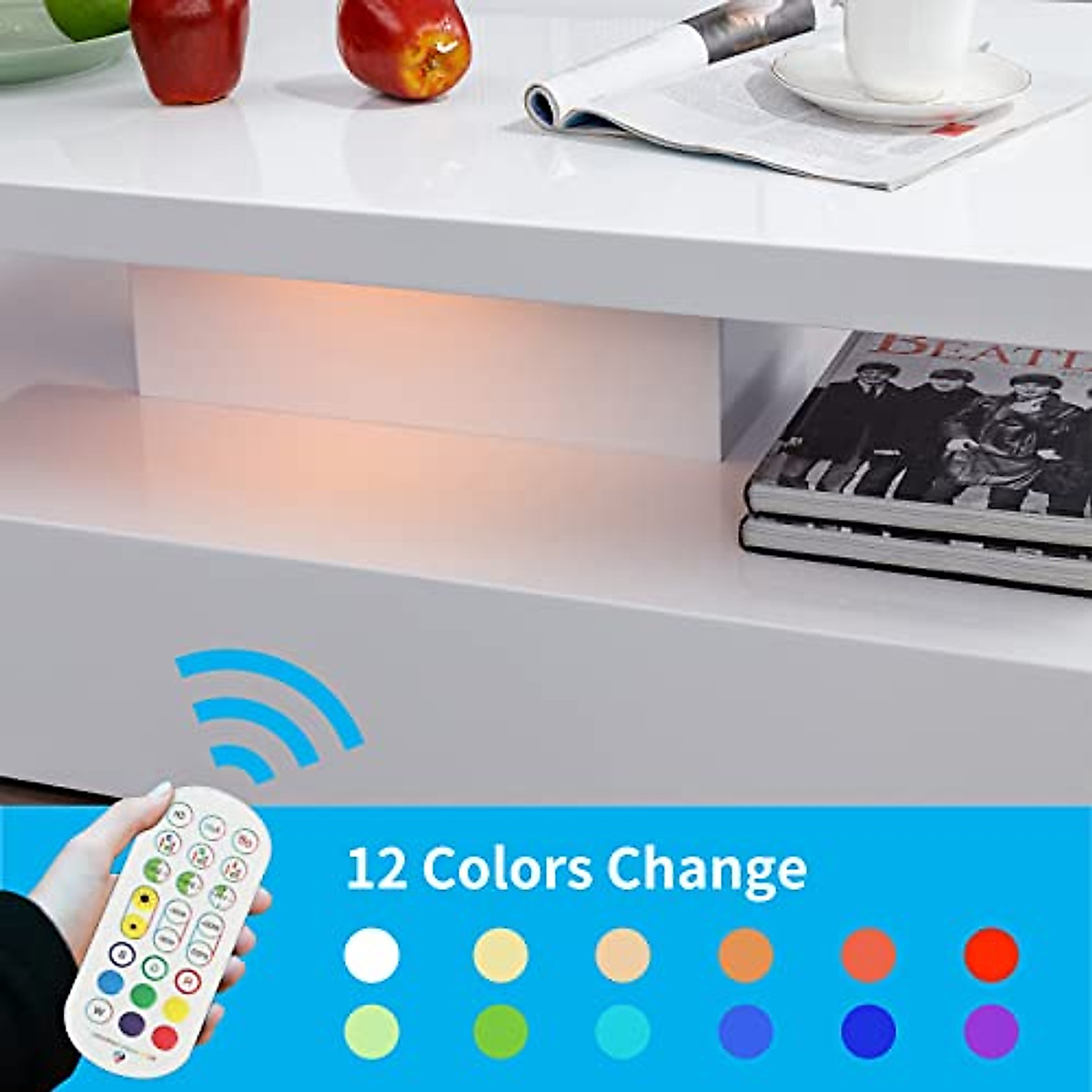 TABU Modern Led Coffee Table, High Gloosy Coffee Table with 12 Colors Lights, Rectangle Smart Table, Living Room Center/End Table with Lights, Living Room Table Furniture (White)