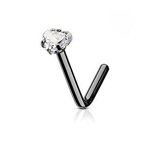 Amelia Fashion Nose Stud Ring L Bend Heart CZ Black 316L Surgical Steel (Choose Size) (18 Gauge)